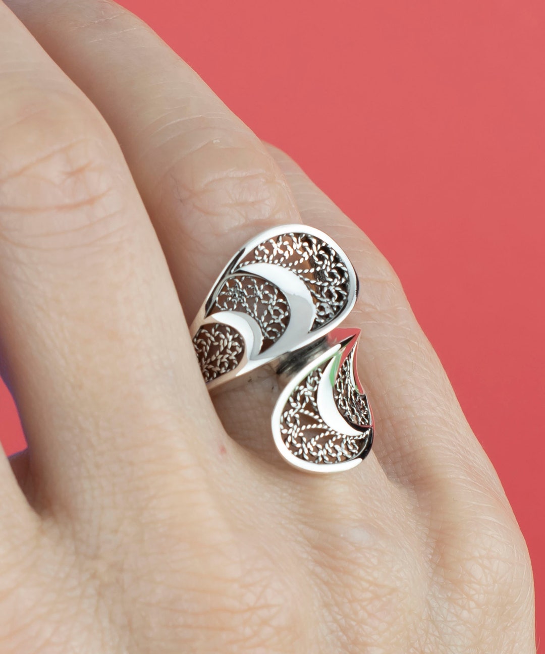 925 Sterling Silver Women Bypass Ring, Filigree Art Leaf Shaped Wrap ...