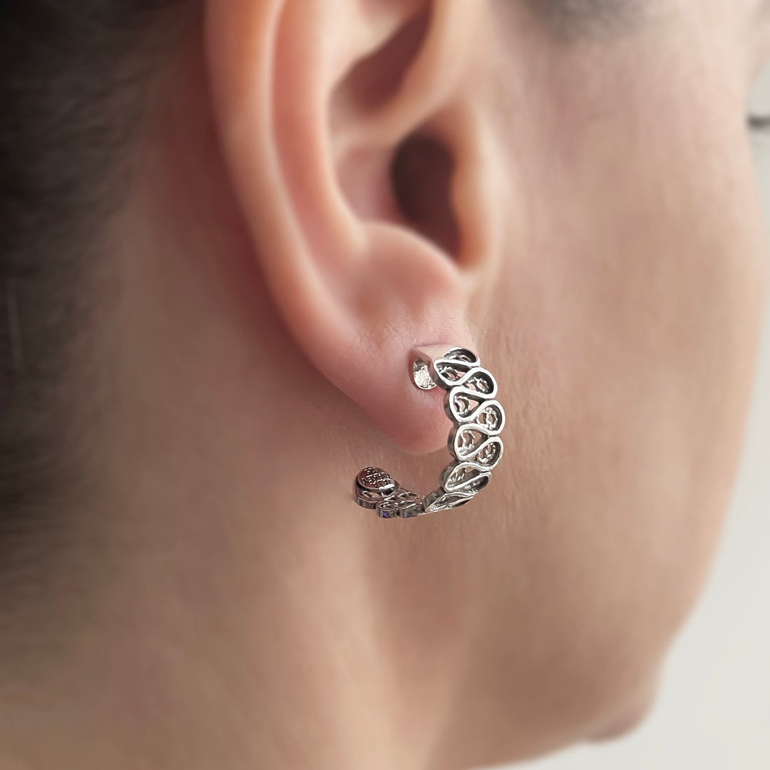 925 Sterling Silver Rain Drop Design Huggie C Hoop Woman Stud Earrings ...