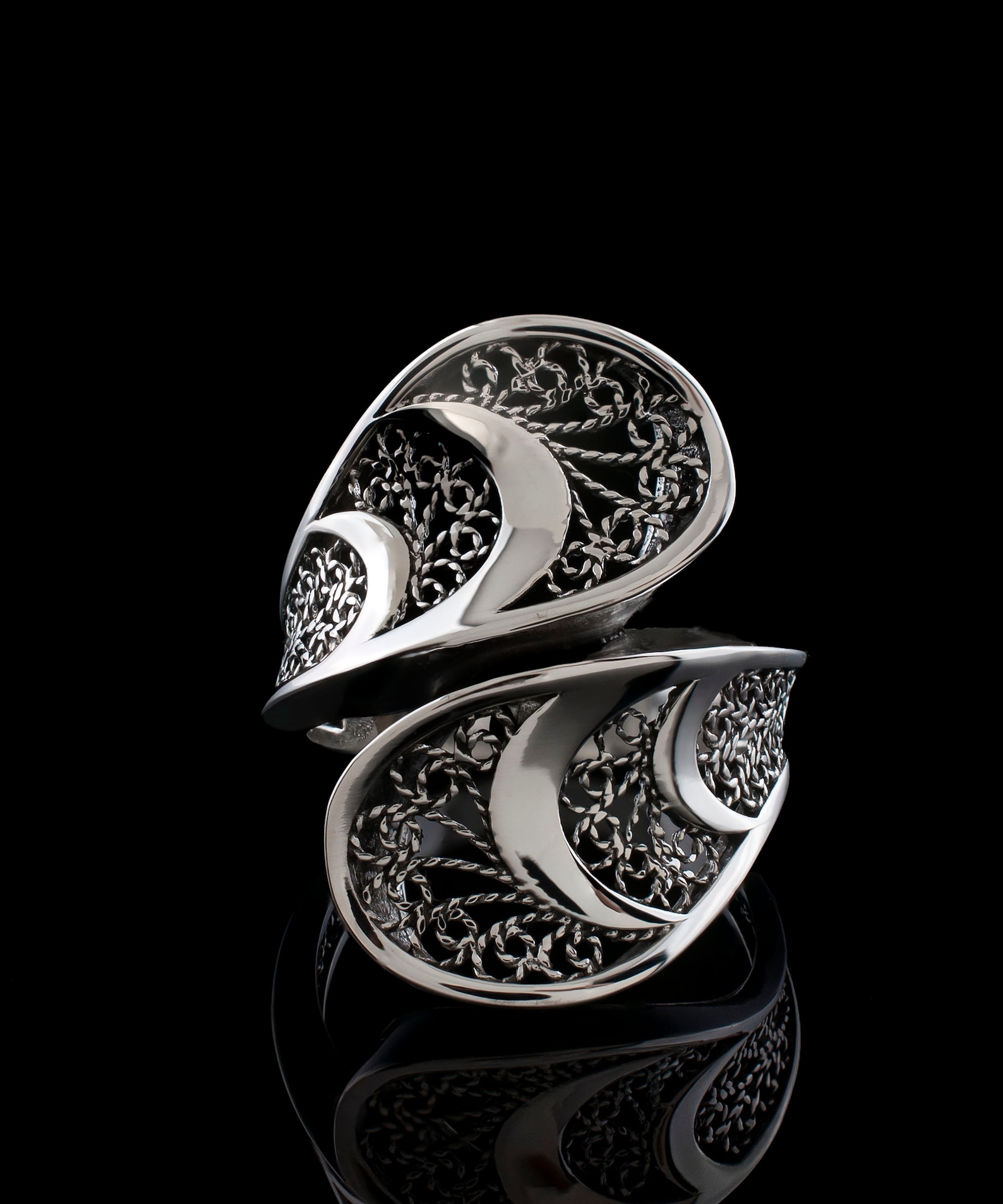 925 Sterling Silver Women Bypass Ring, Filigree Art Leaf Shaped Wrap ...