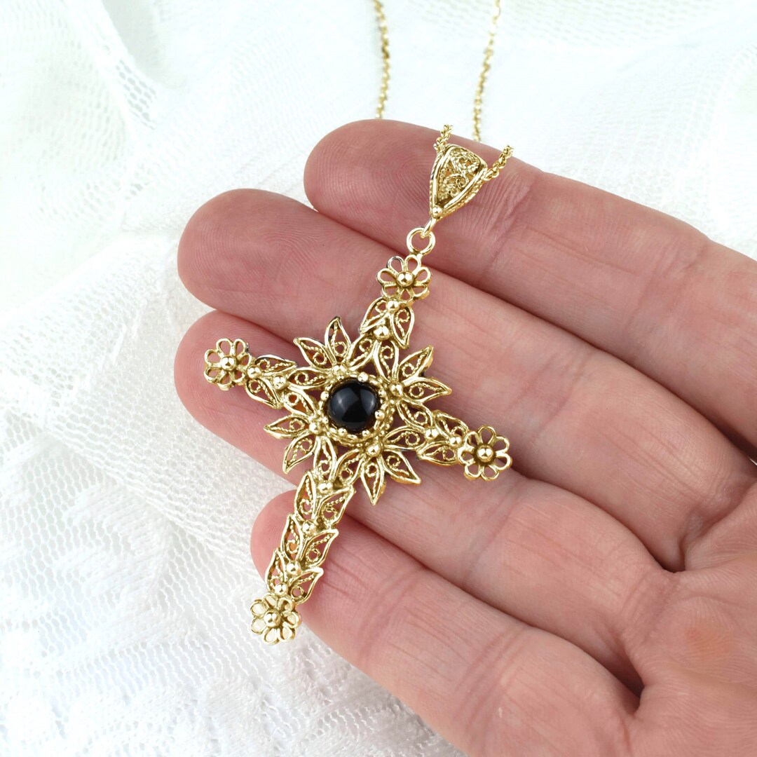 Black Onyx Gemstone Gold Plated 925 Sterling Silver Boho Cross Pendant ...