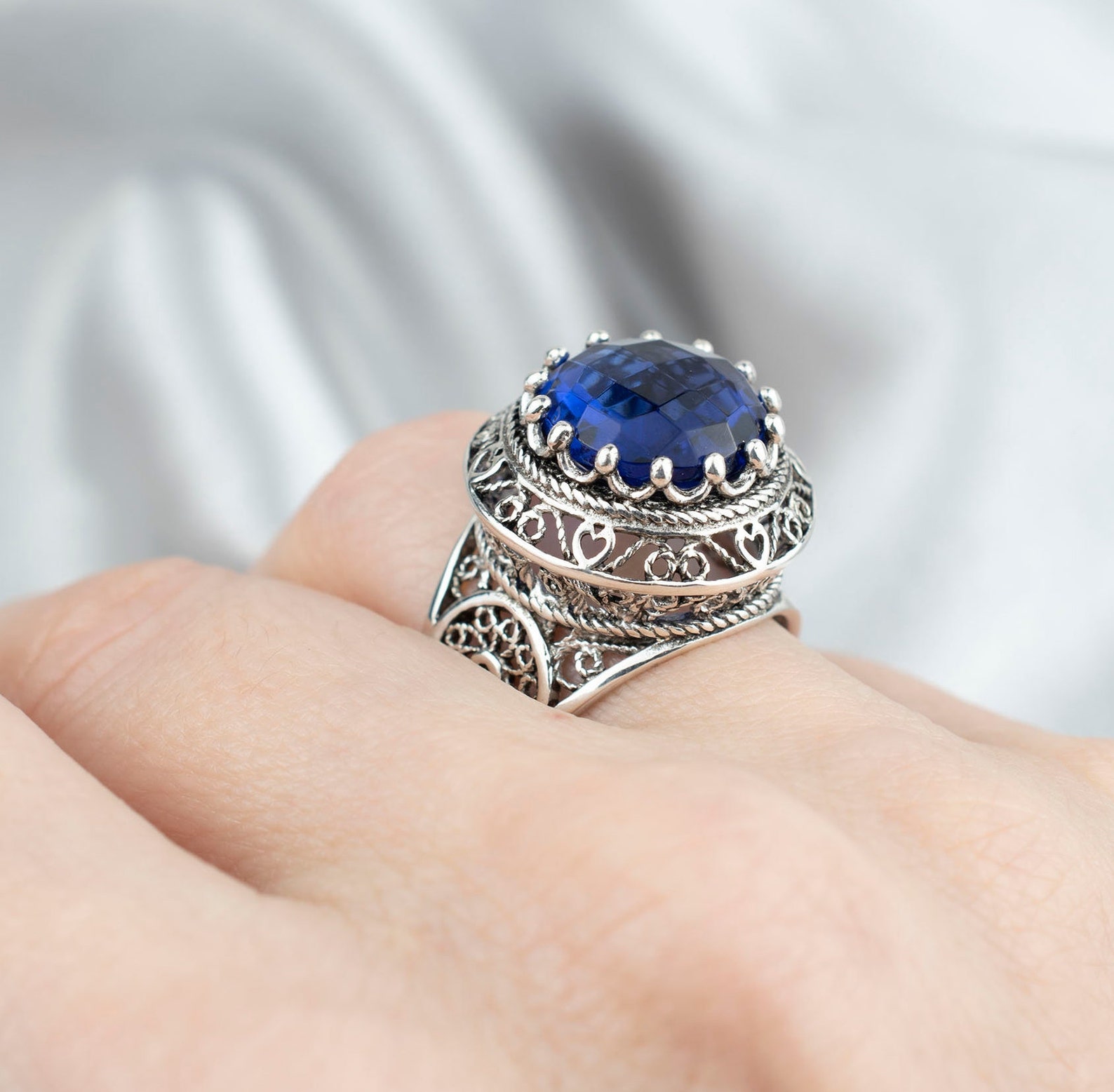 925 Sterling Silver Filigree Women Dome Ring, Tanzanite - Ruby - Swiss ...