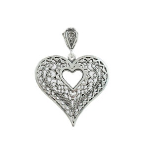 925 Sterling Silver Filigree Art Heart Pendant Necklace, Solid Silver ...