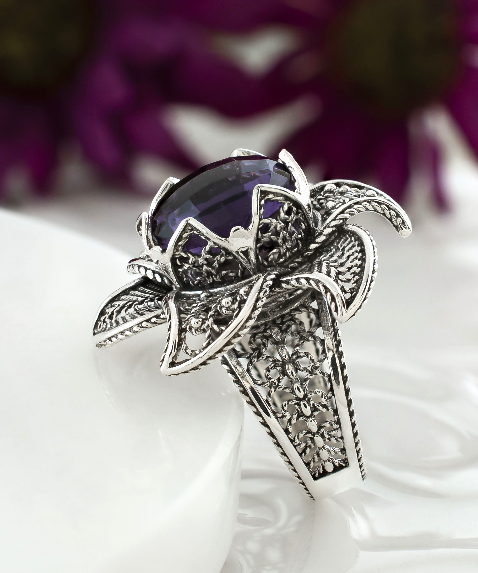 925 Sterling Silver Lotus Flower Women Ring, Amethyst Gemstone Cocktail ...