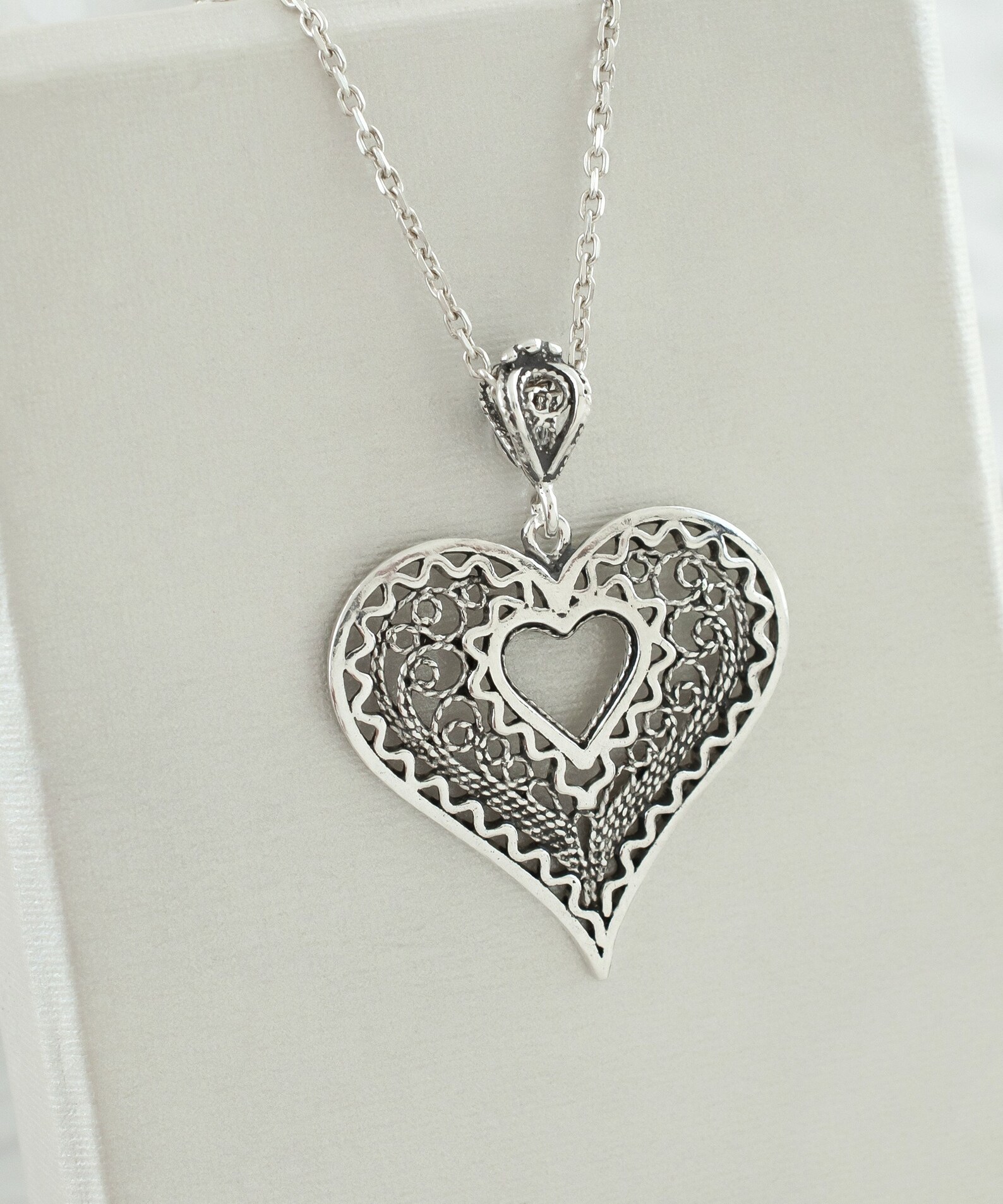 925 Sterling Silver Filigree Art Heart Pendant Necklace, Solid Silver ...