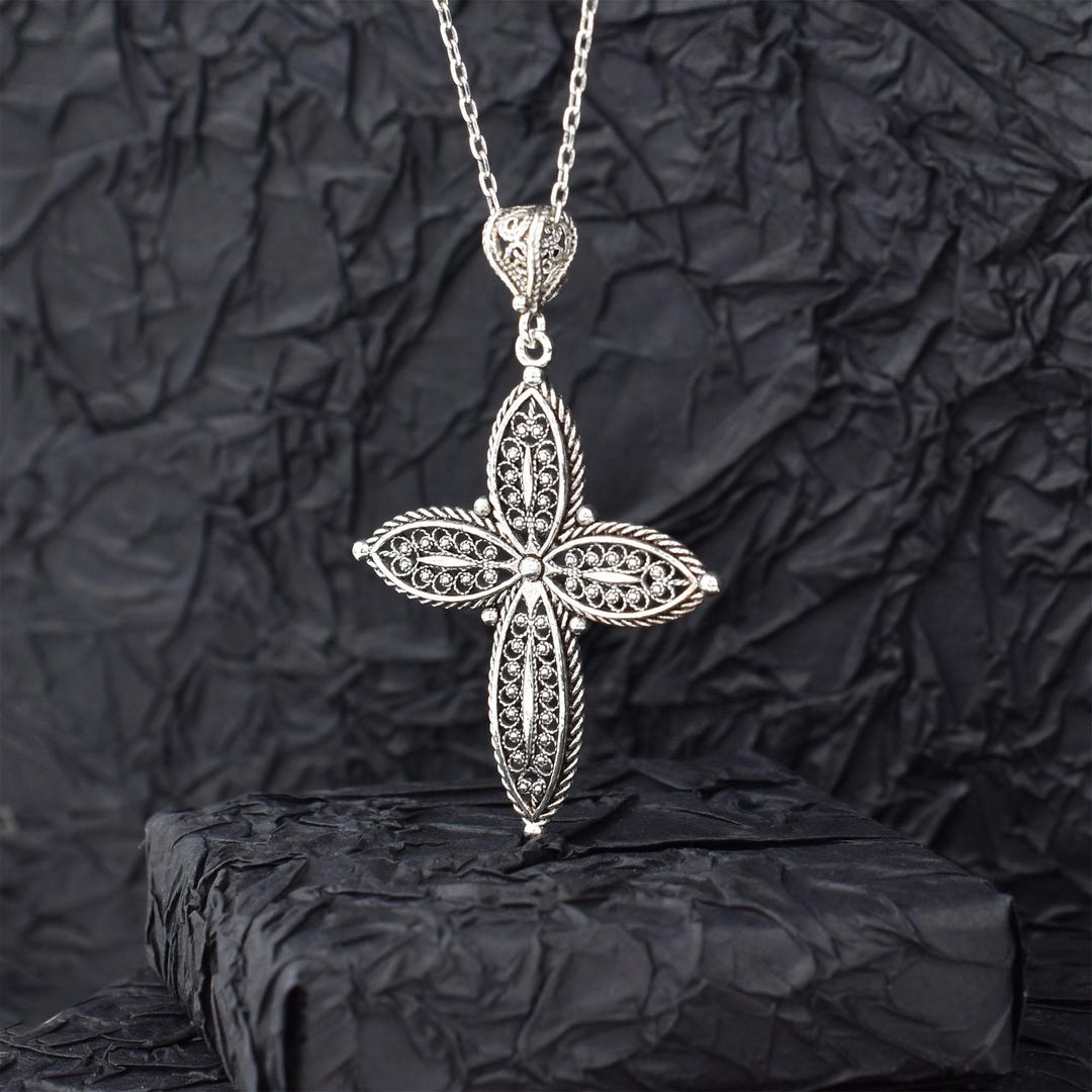 Sterling Silver Christian Cross Pendant Gift, Handmade Filigree Jesus ...