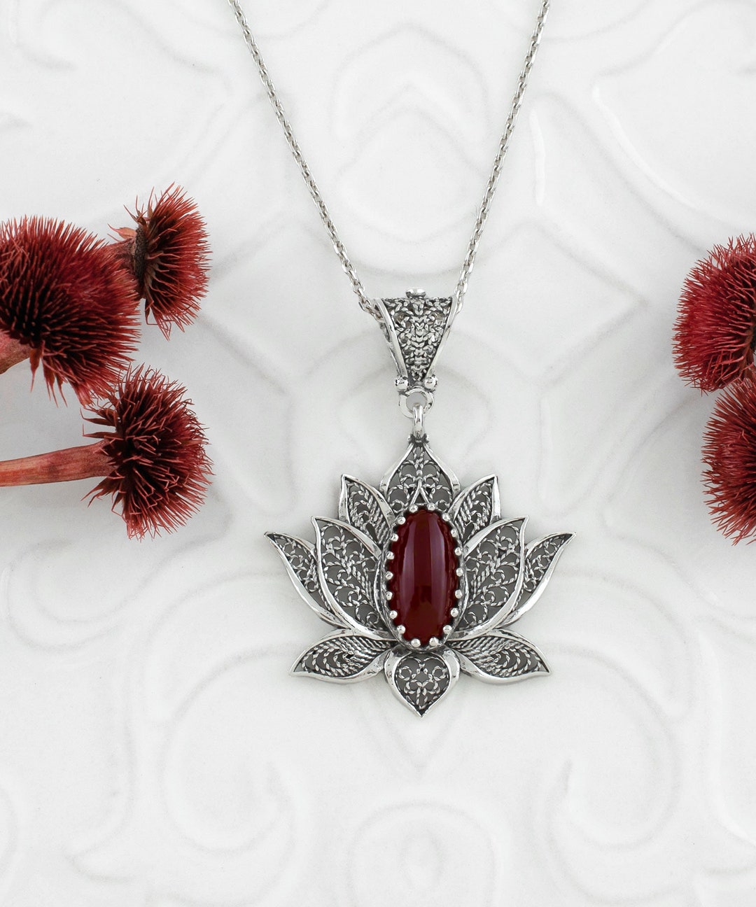 925 Sterling Silver Filigree Lotus Flower Carnelian Pendant Necklace ...