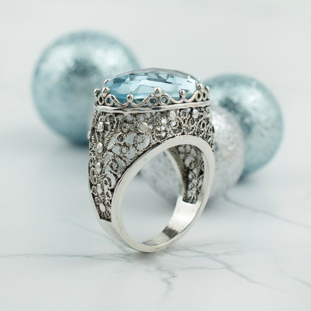 Blue Topaz Gemstone 925 Sterling Silver Filigree Art Woman Dome Ring ...