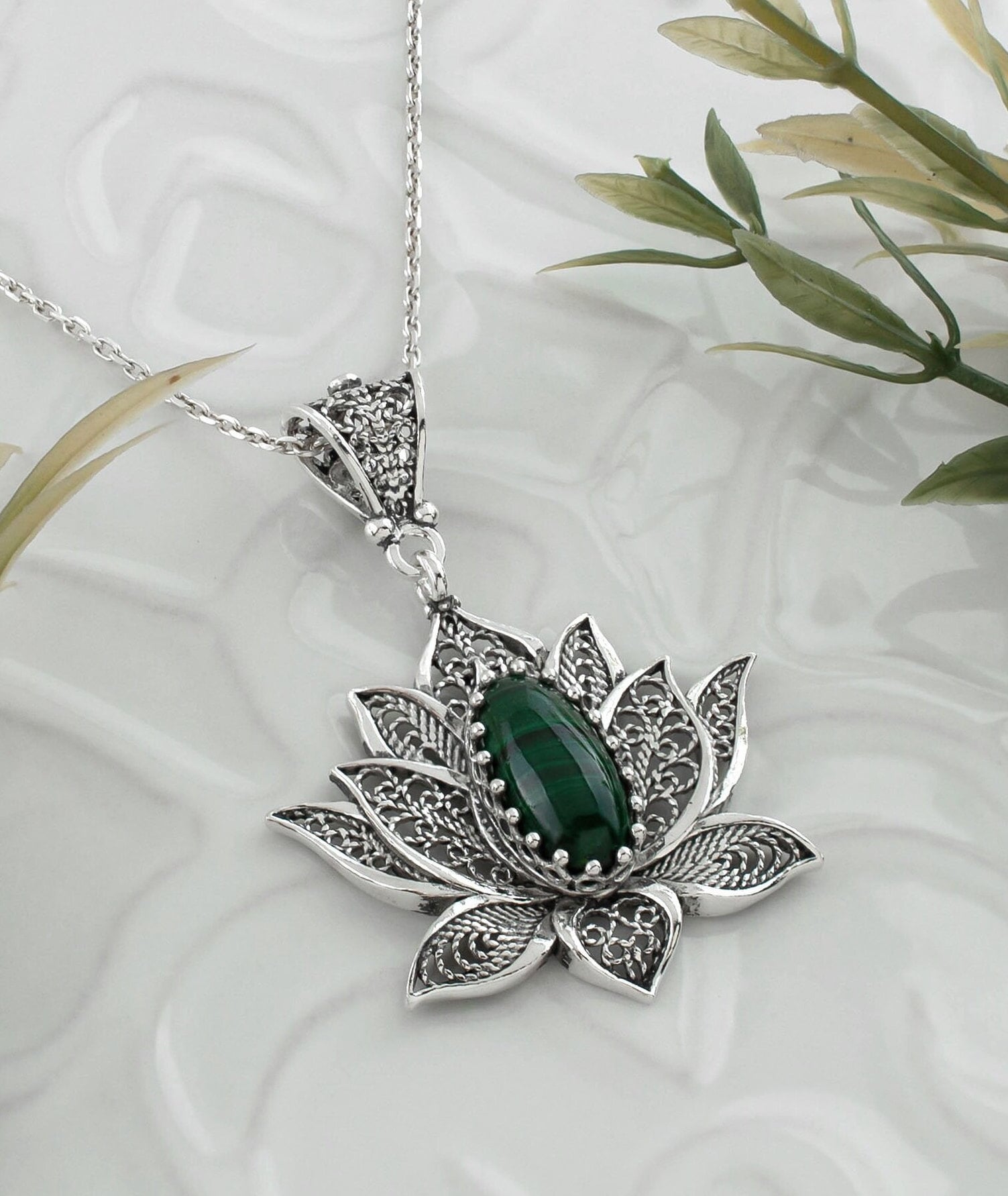 925 Sterling Silver Filigree Lotus Flower Black Onyx Gemstone Pendant ...