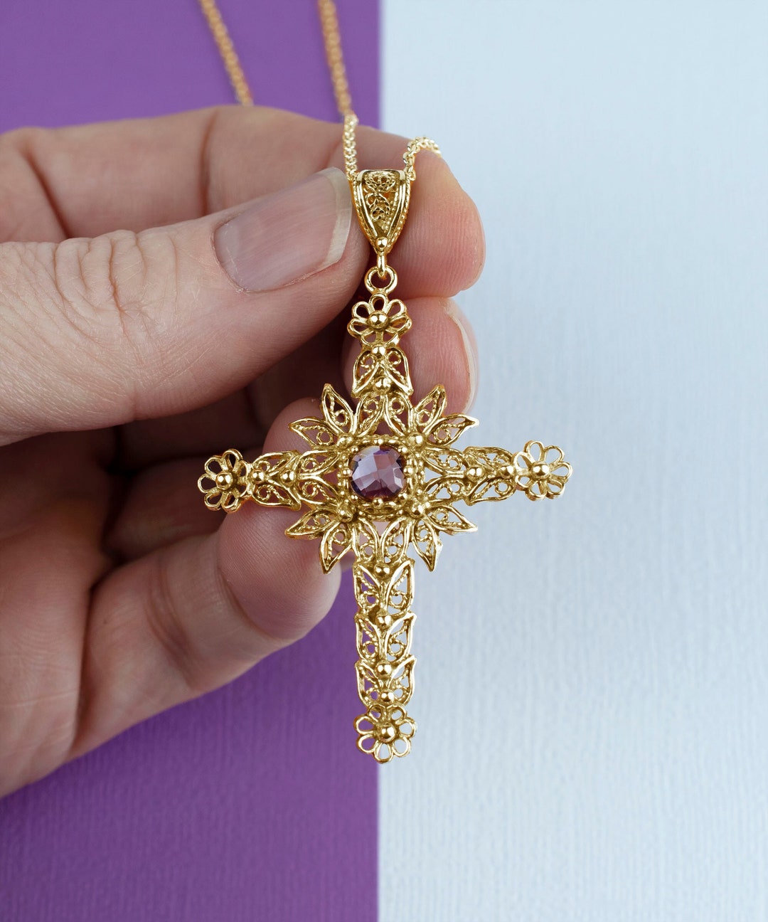 Amethyst Gemstone Gold Plated 925 Sterling Silver Boho Cross Pendant ...
