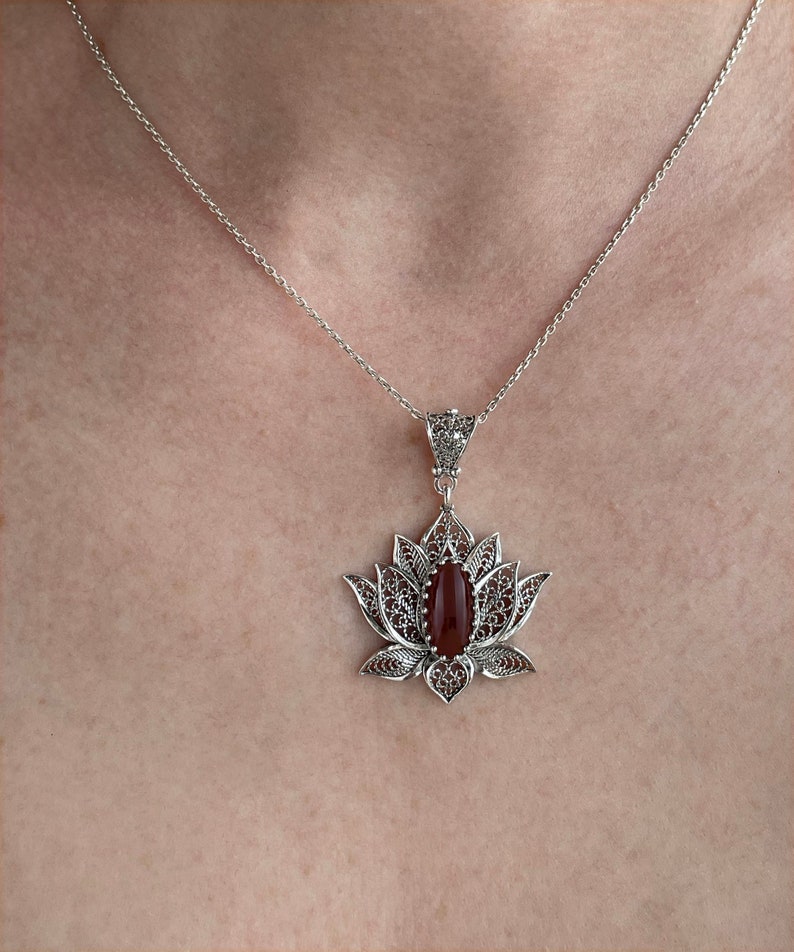 925 Sterling Silver Filigree Lotus Flower Carnelian Pendant Necklace ...
