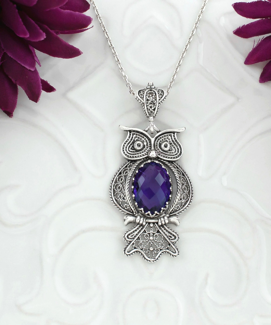 925 Sterling Silver Filigree Art Owl Design Amethyst Women Pendant ...