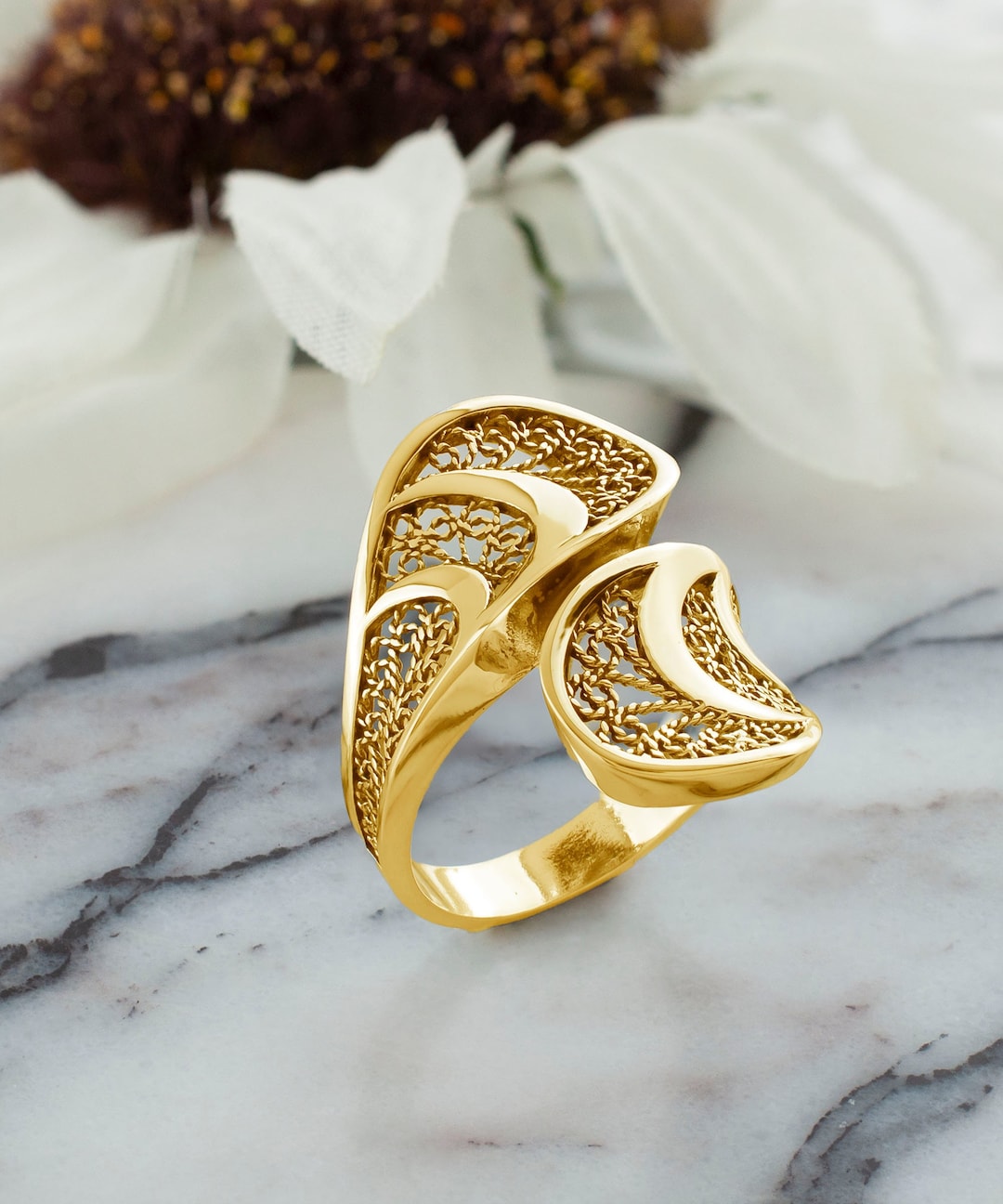 Gold Plated 925 Sterling Silver Women Bypass Ring, Filigree Art Leaf ...