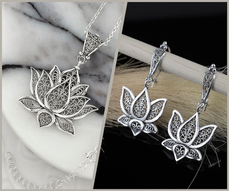 925 Sterling Silver Filigree Art Lotus Flower Women Pendant Necklace ...