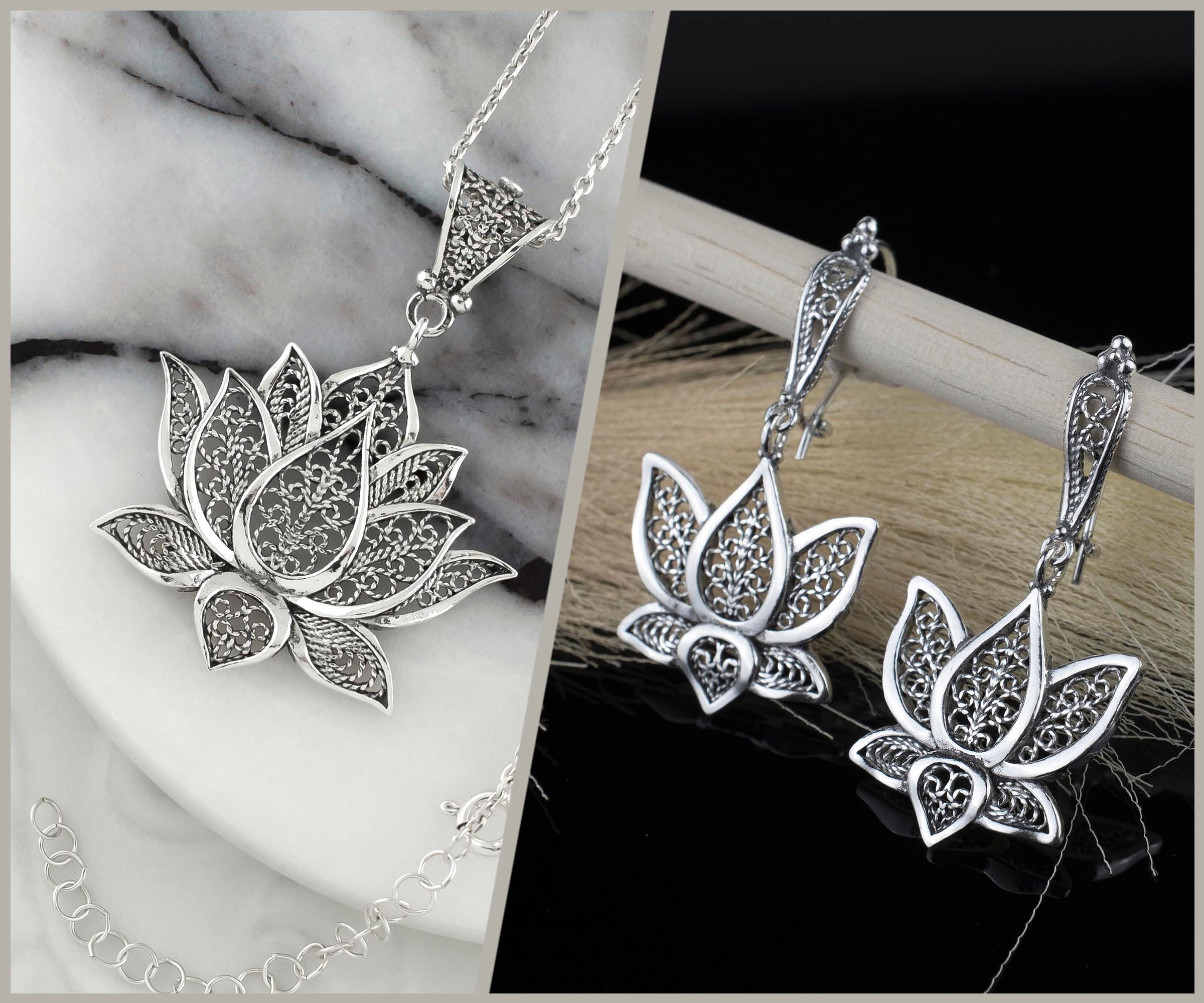 925 Sterling Silver Filigree Art Lotus Flower Women Pendant Necklace ...