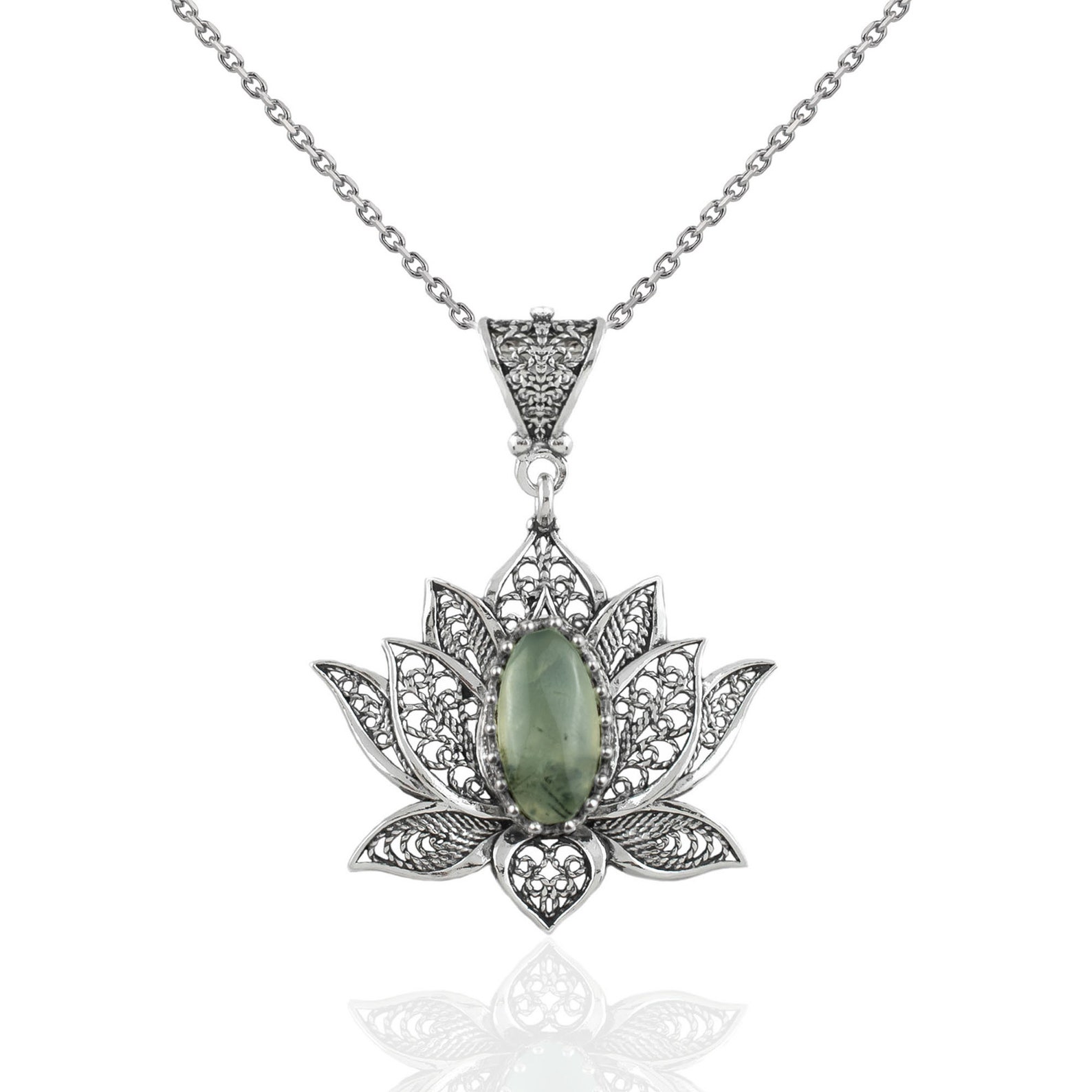 Natural Prehnite Gemstone Sterling Silver Lotus Flower Design Woman ...