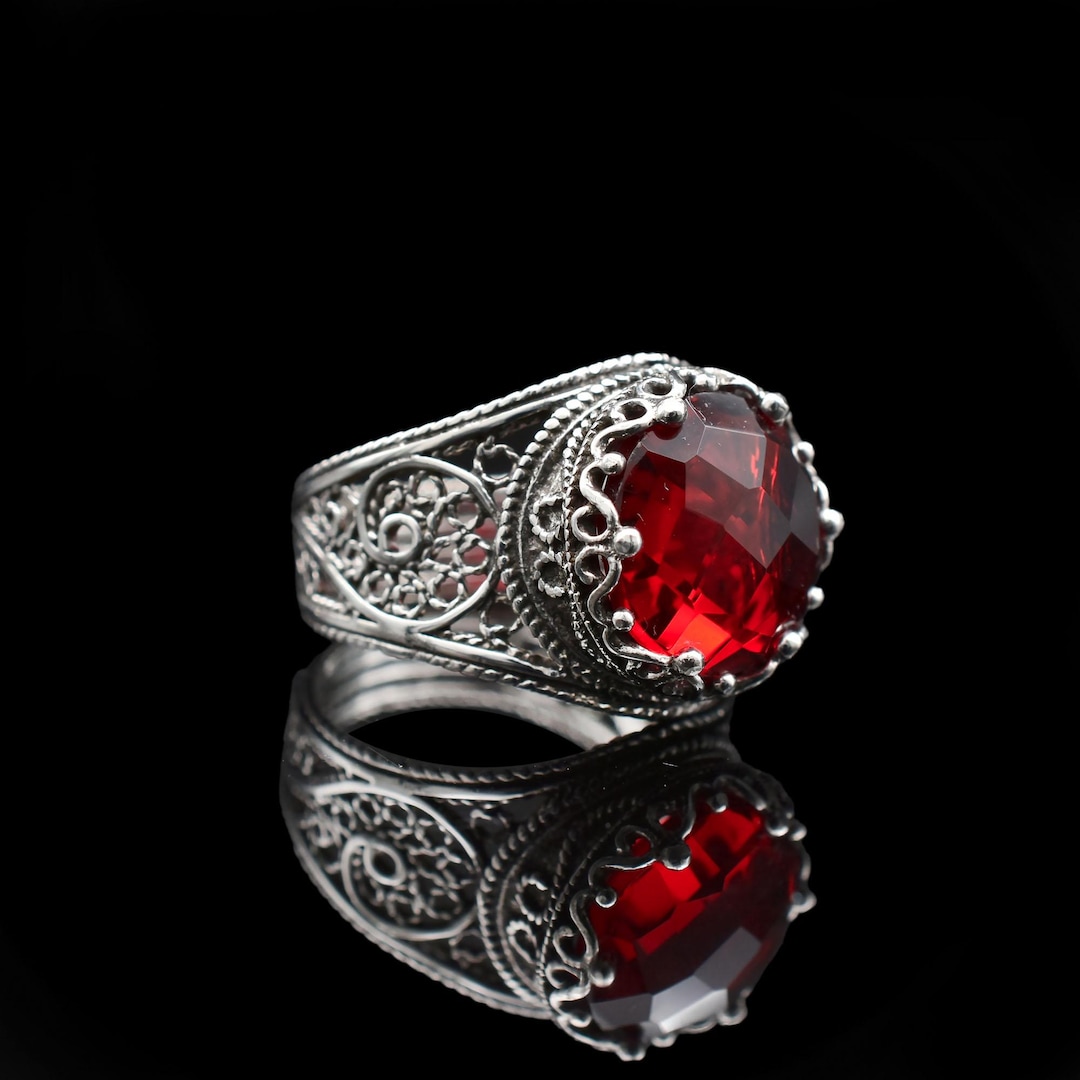 Ruby Dainty Vintage Style Gothic Silver Ring, Handmade Filigree ...