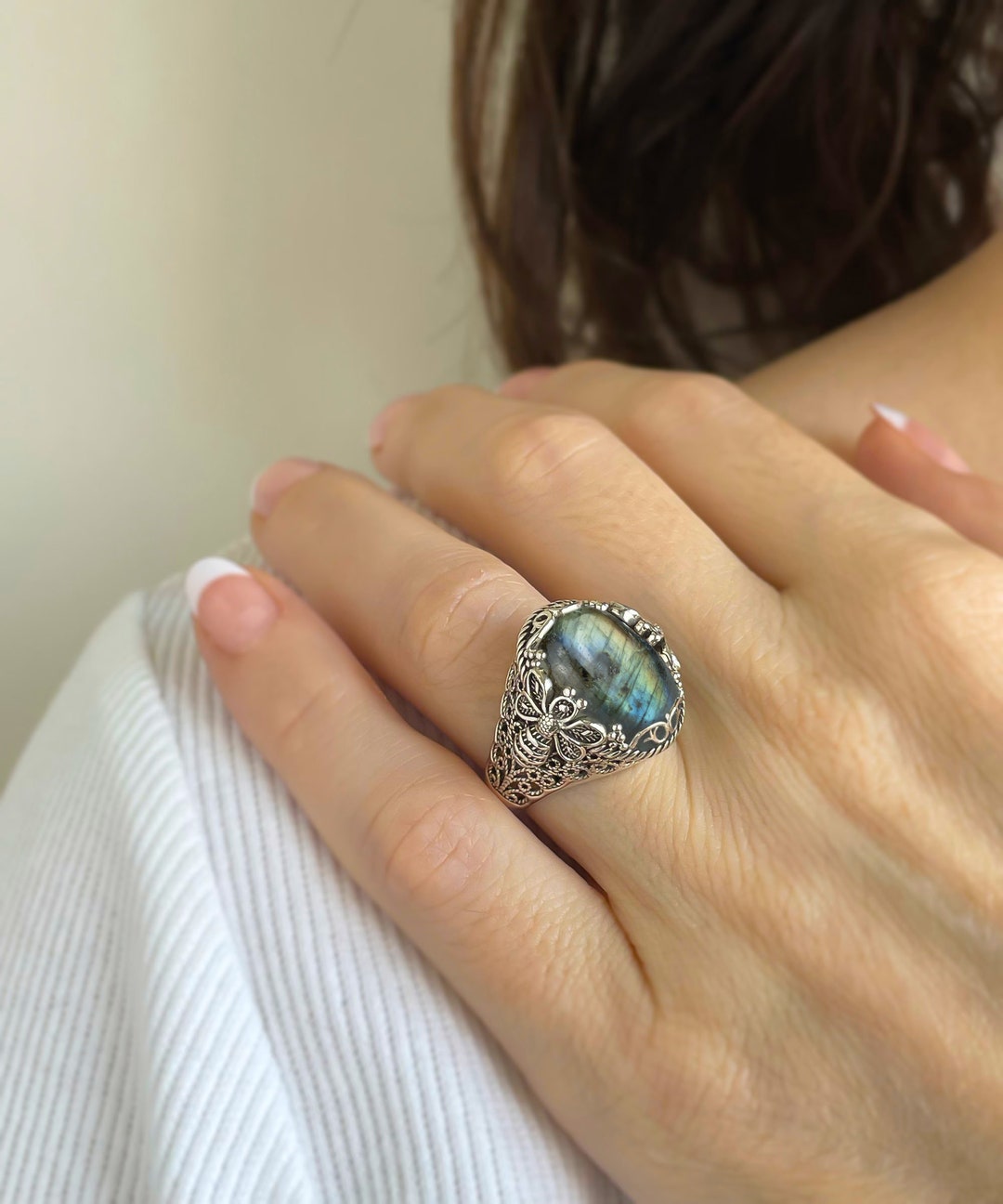 Labradorite Gemstone 925 Sterling Silver Women Ring, Filigree Art Bee ...