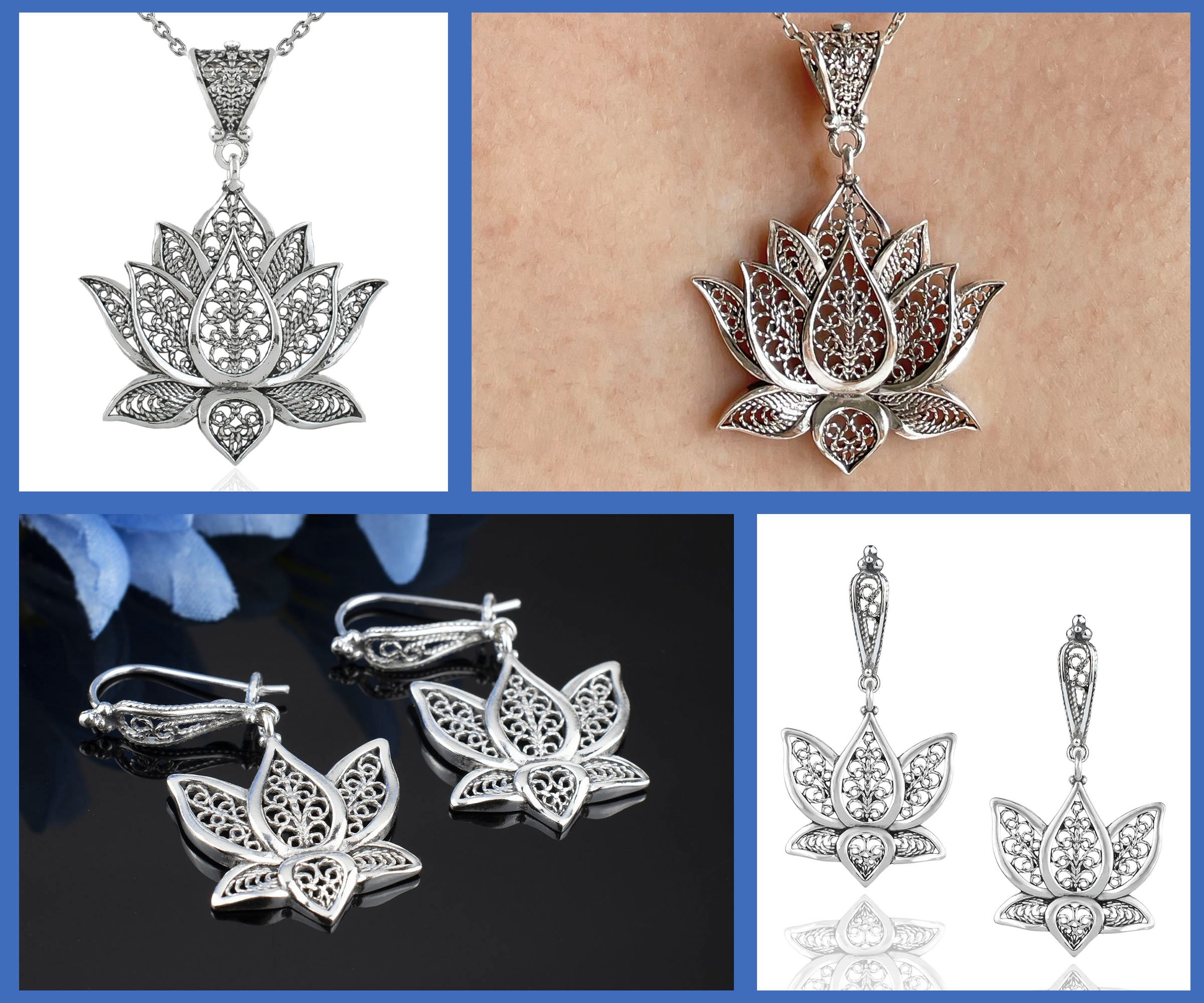 925 Sterling Silver Filigree Art Lotus Flower Women Pendant Necklace ...