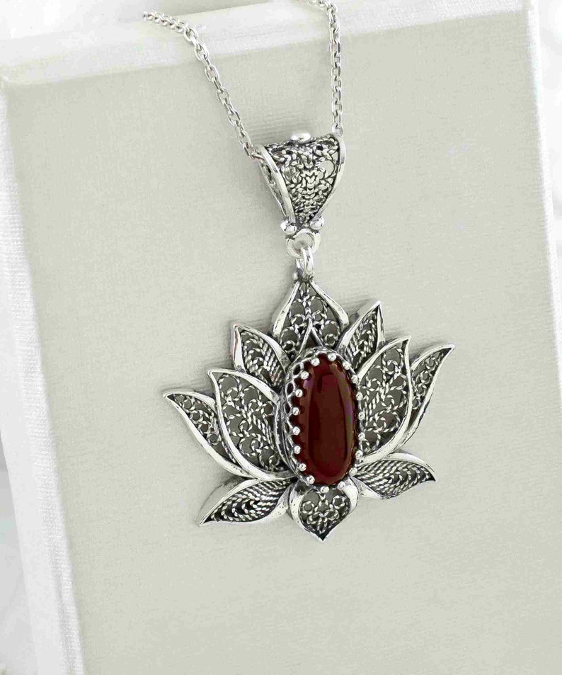 925 Sterling Silver Filigree Lotus Flower Carnelian Pendant Necklace ...