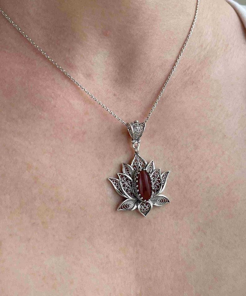 925 Sterling Silver Filigree Lotus Flower Carnelian Pendant Necklace ...