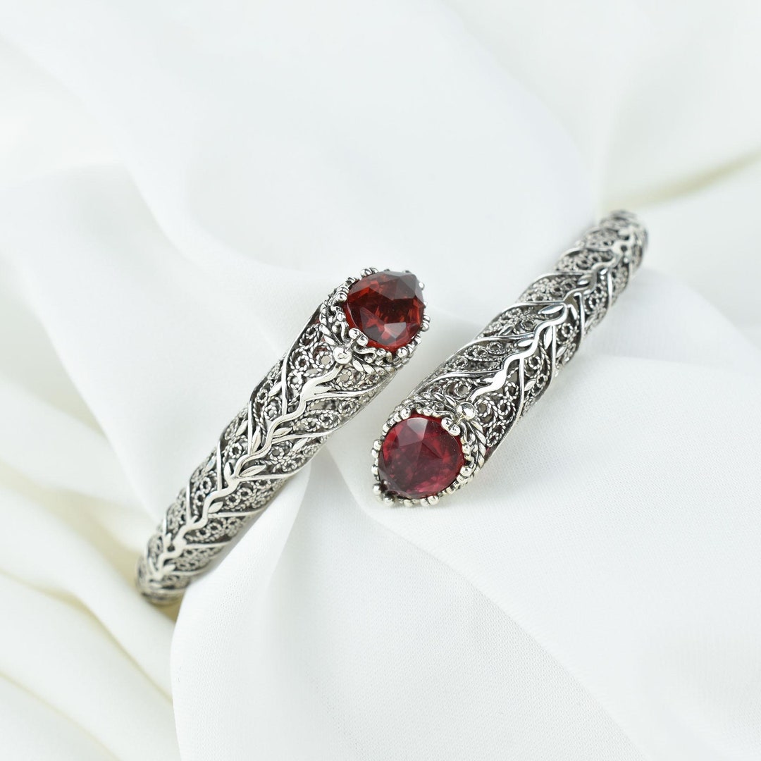 Handcrafted Sterling Silver Hinged Cuff Bracelet Ruby or Citrine ...
