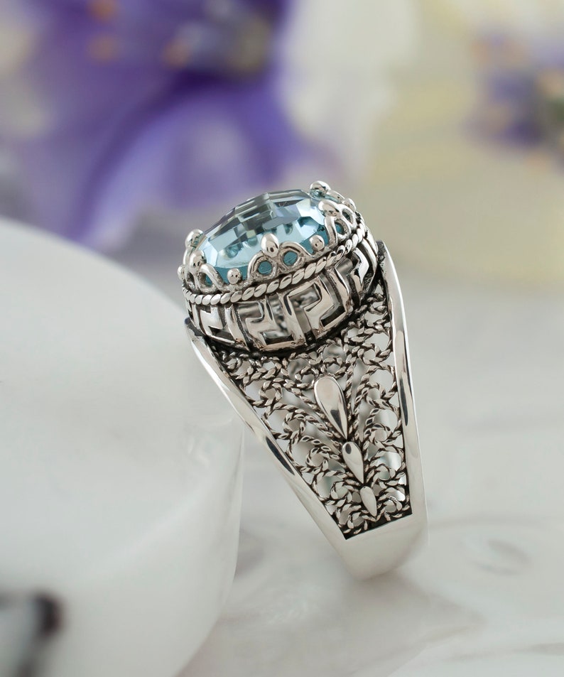 Sky Blue Topaz Gemstone 925 Sterling Silver Greek Key Cocktail Ring ...
