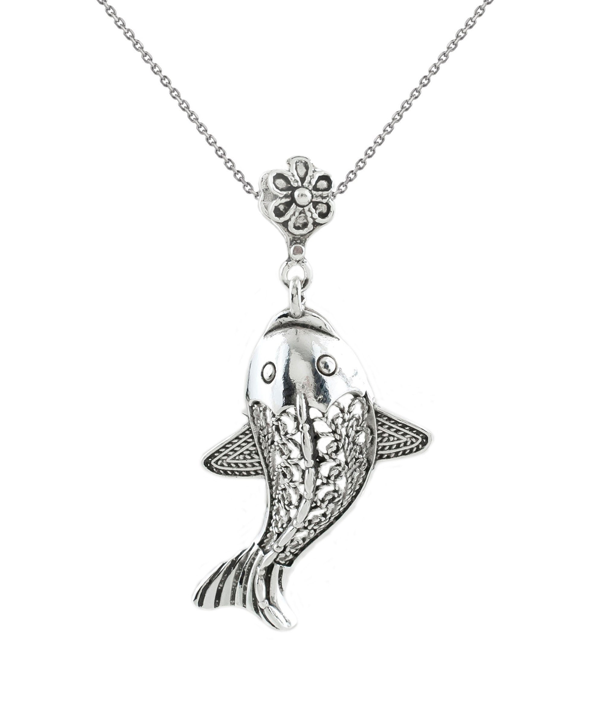 925 Sterling Silver Filigree Art Fish Pendant Necklace, Solid Silver ...