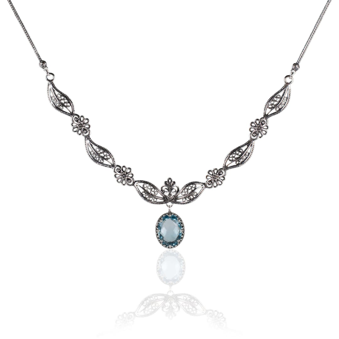 Blue Topaz 925 Sterling Silver Filigree Necklace, Handcrafted Paisley ...