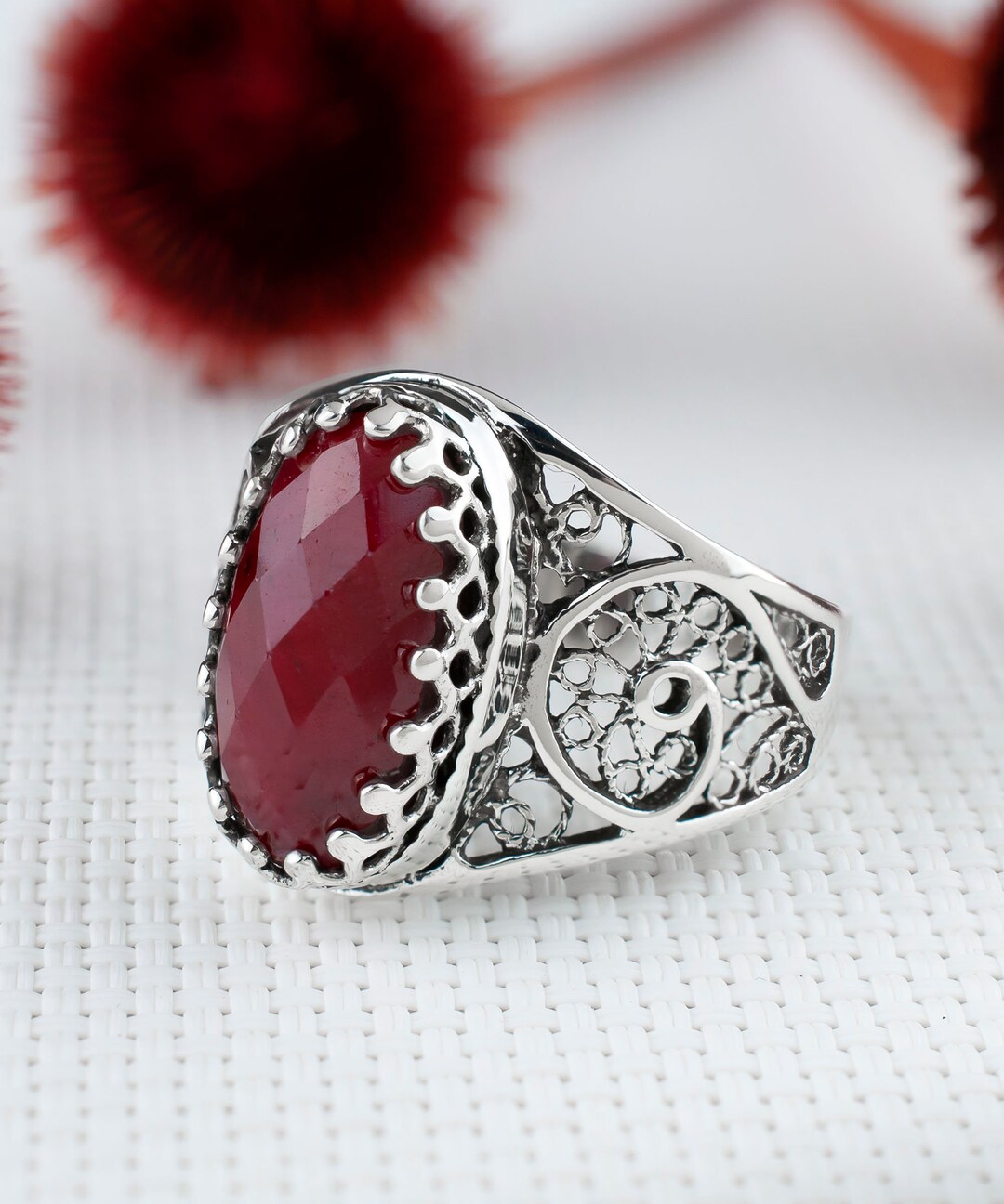 Opaque Ruby Corundum 925 Sterling Silver Filigree Art Women Oval ...