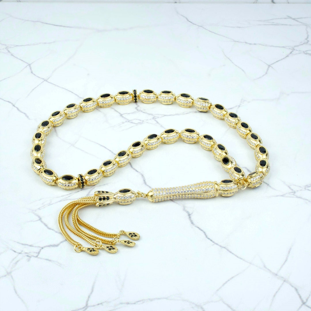 Gold Plated Sterling Silver Tasbih, Black Onyx Gemstone 33 Pieces Oval ...