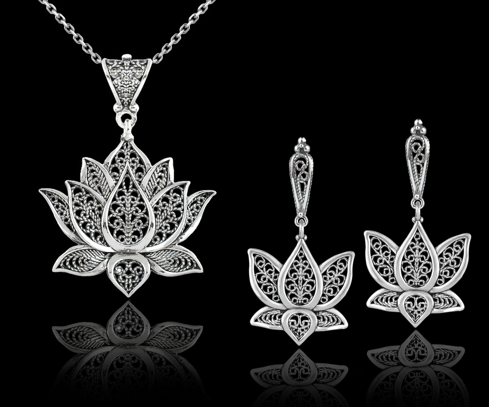 925 Sterling Silver Filigree Art Lotus Flower Women Pendant Necklace ...