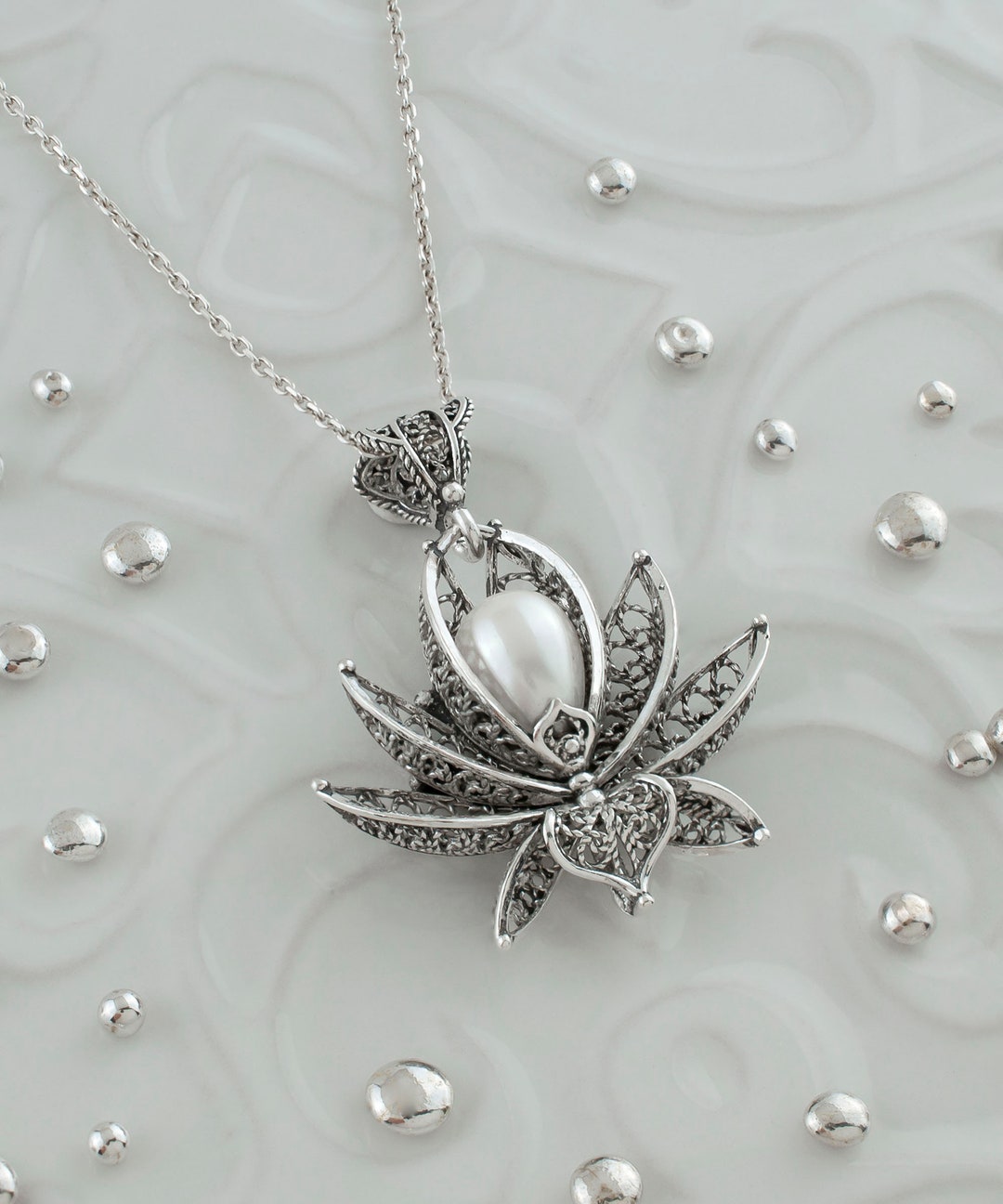 925 Sterling Silver Filigree Art Women Pearl Lotus Flower Choker ...