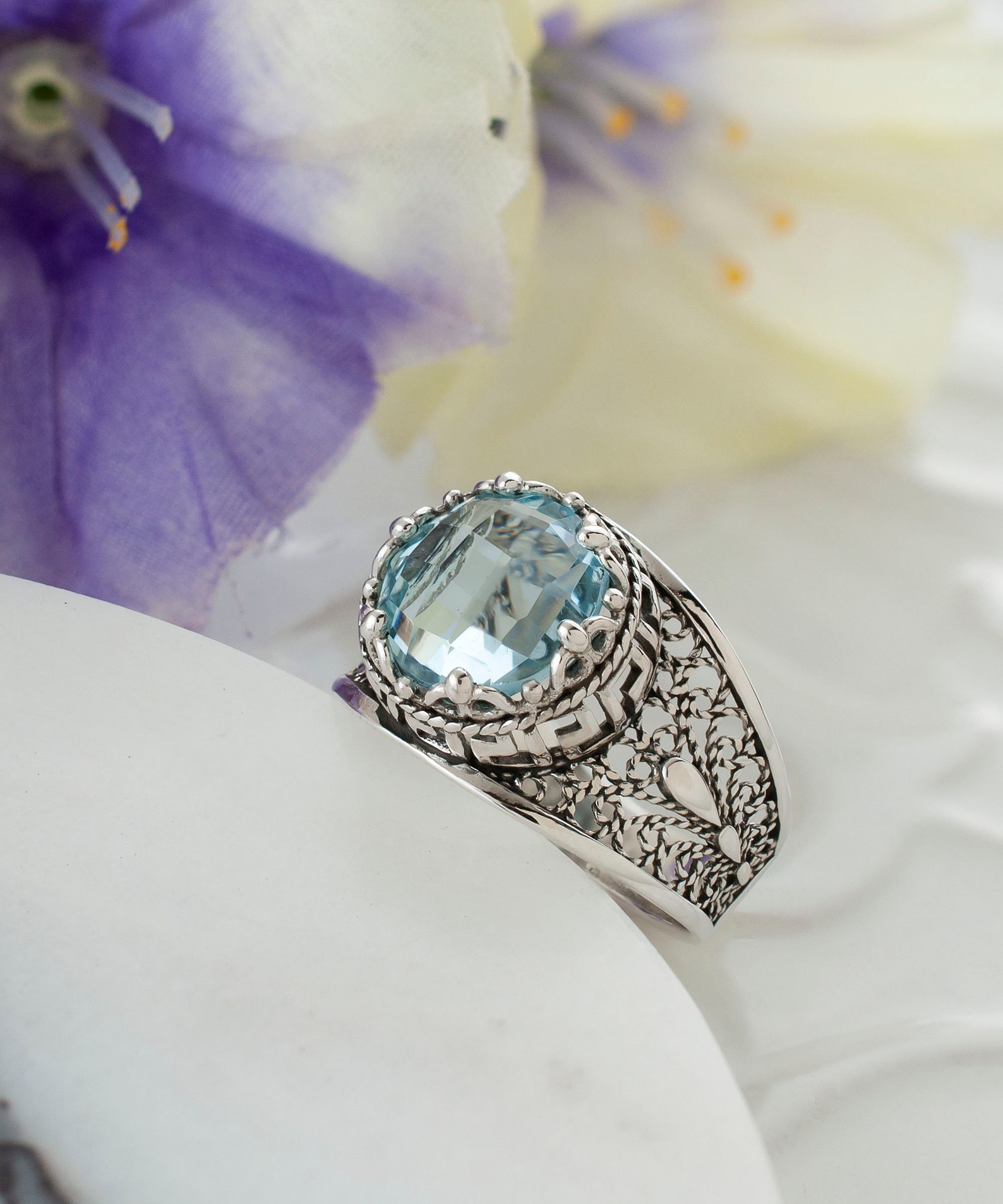 Sky Blue Topaz Gemstone 925 Sterling Silver Greek Key Cocktail Ring ...
