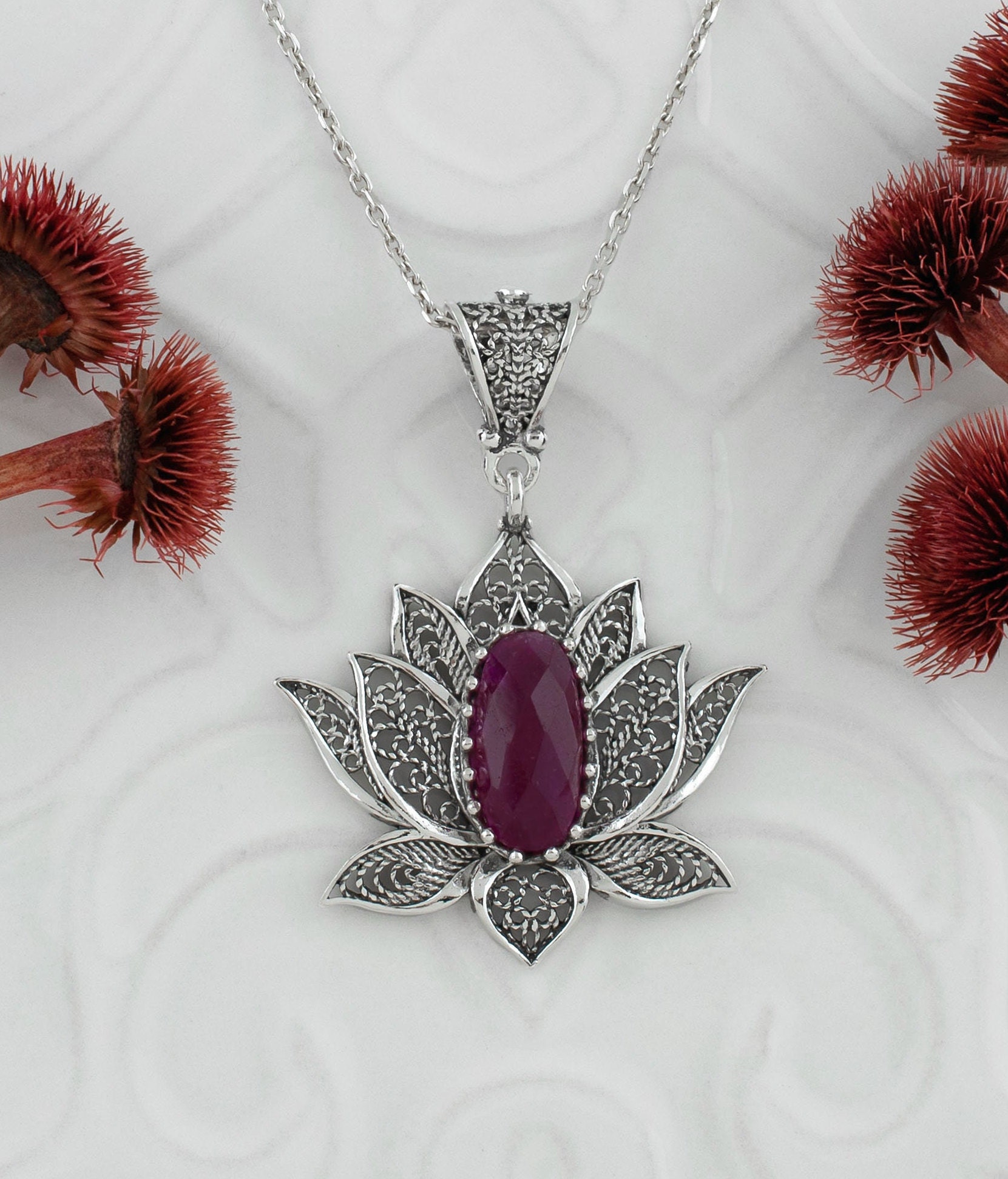 925 Sterling Silver Filigree Lotus Flower Black Onyx Gemstone Pendant ...