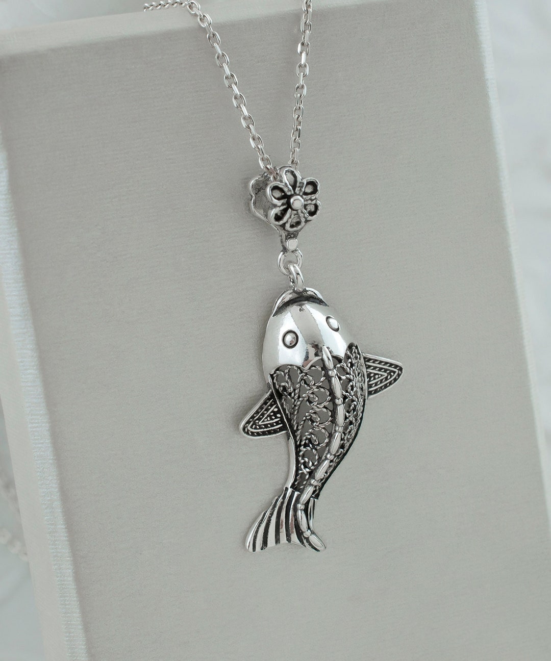 925 Sterling Silver Filigree Art Fish Pendant Necklace, Solid Silver ...