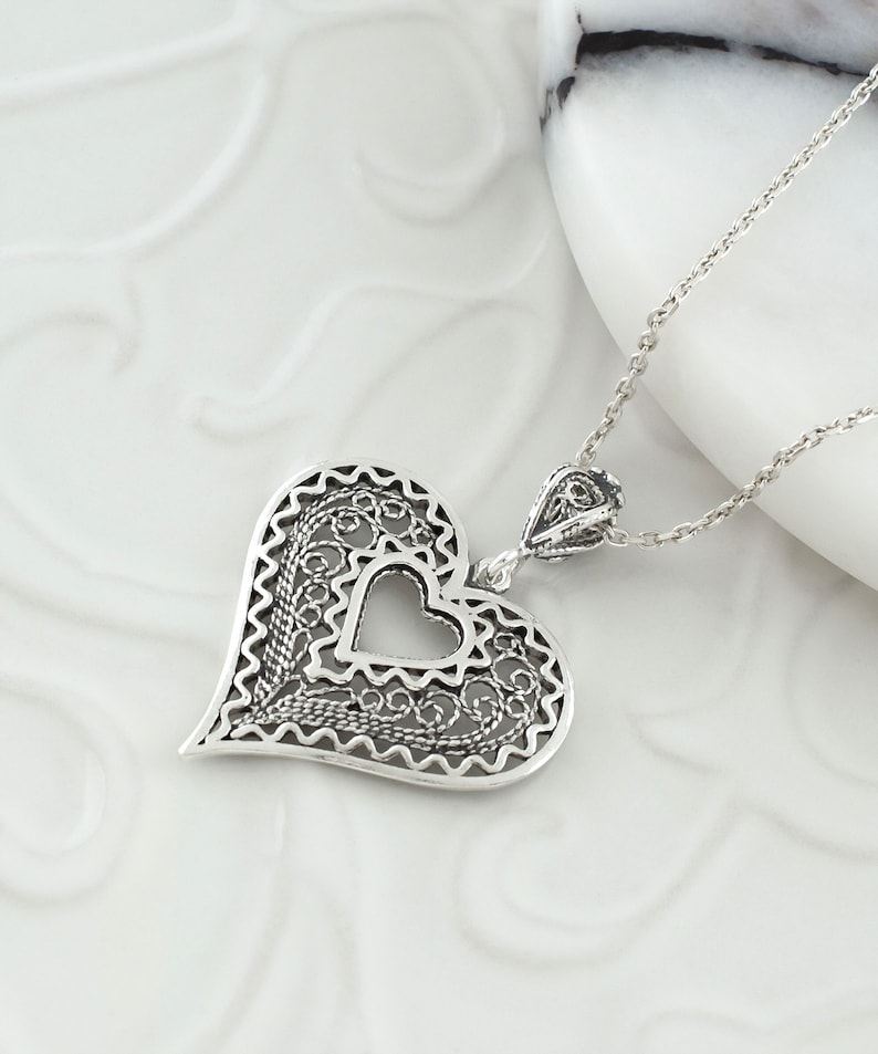925 Sterling Silver Filigree Art Heart Pendant Necklace, Solid Silver ...