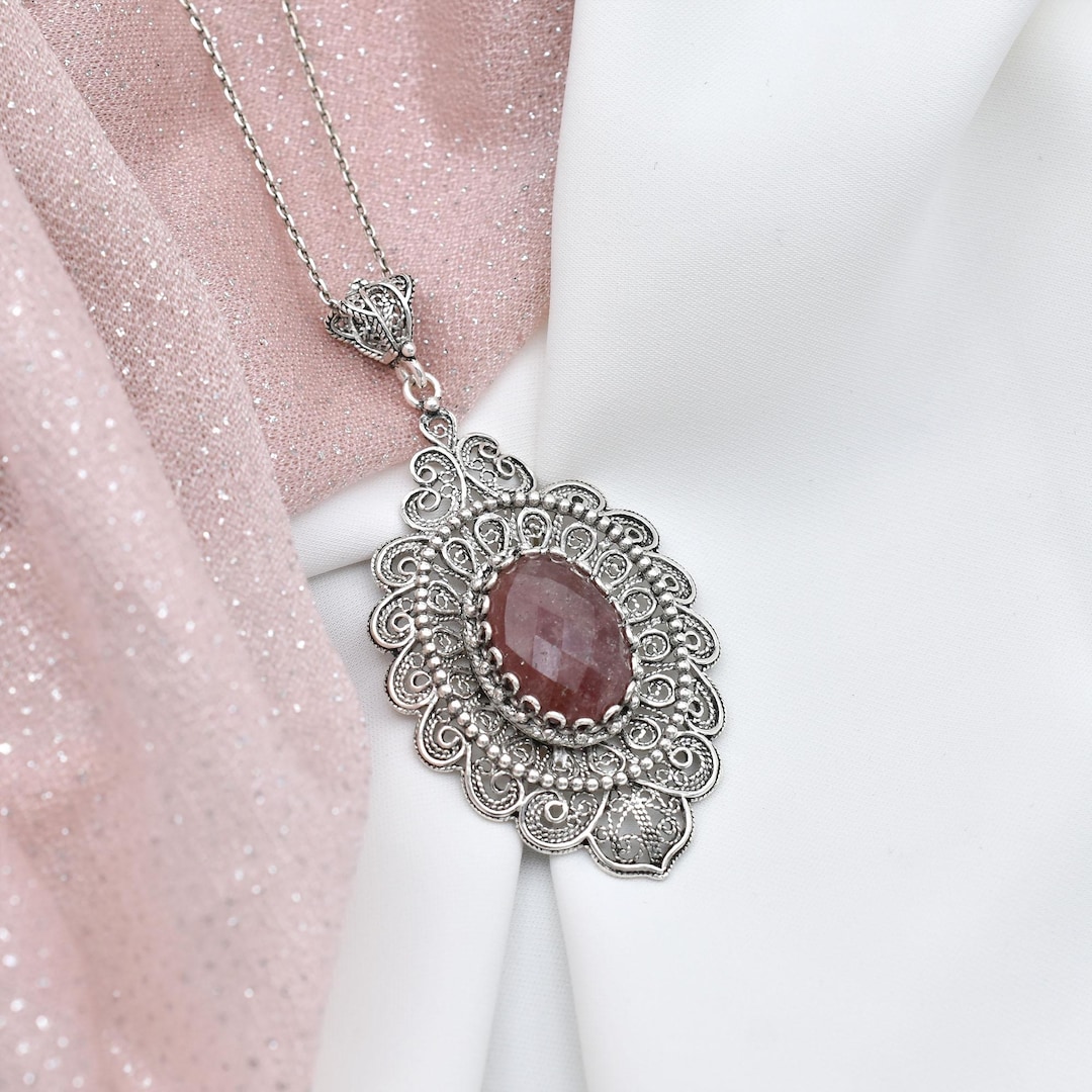 Cherry Quartz Silver Boho Statement Pendant Necklace, Handcrafted ...