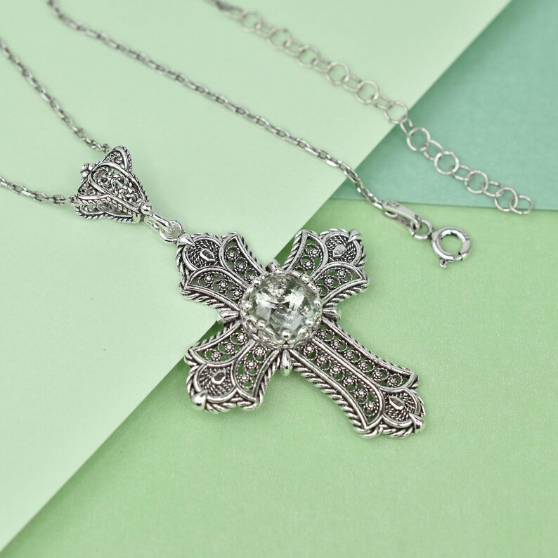 Silver Gothic Black Onyx Cross Pendant Necklace, Goth Women Spiritual ...