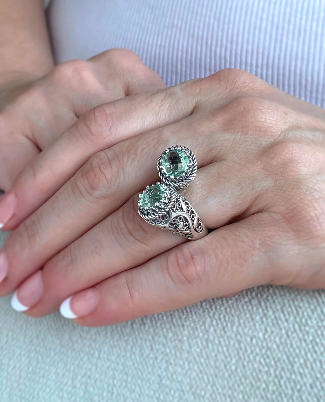 925 Sterling Silver Bypass Ring Green Amethyst Gemstone, Handmade ...