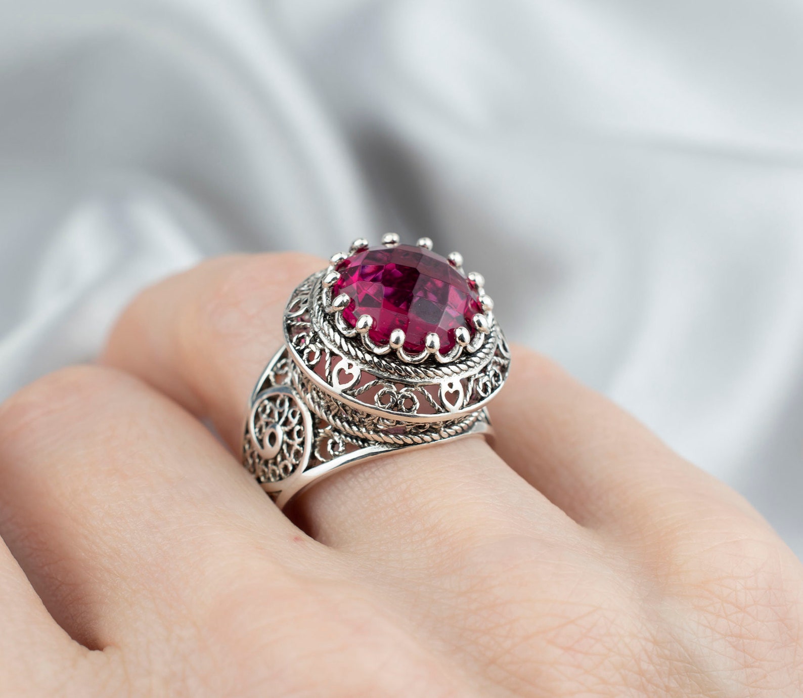 925 Sterling Silver Filigree Women Dome Ring, Tanzanite - Ruby - Swiss ...