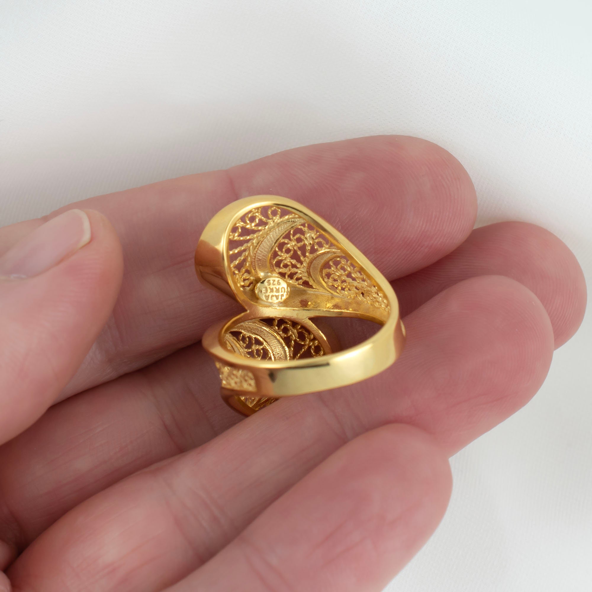 Gold Plated 925 Sterling Silver Woman Bypass Ring, Filigree Art Leaf ...