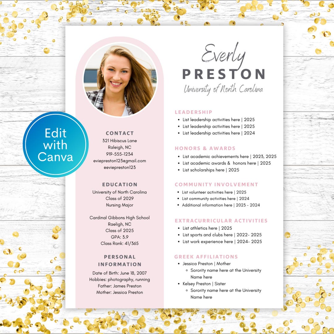 Sorority Rush Resume Template: Editable Canva Design (digital Download ...