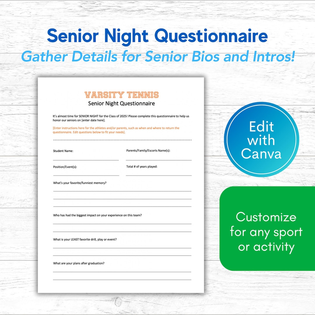 Senior Night Questionnaire | Senior Sports Night Bio Form | Canva ...