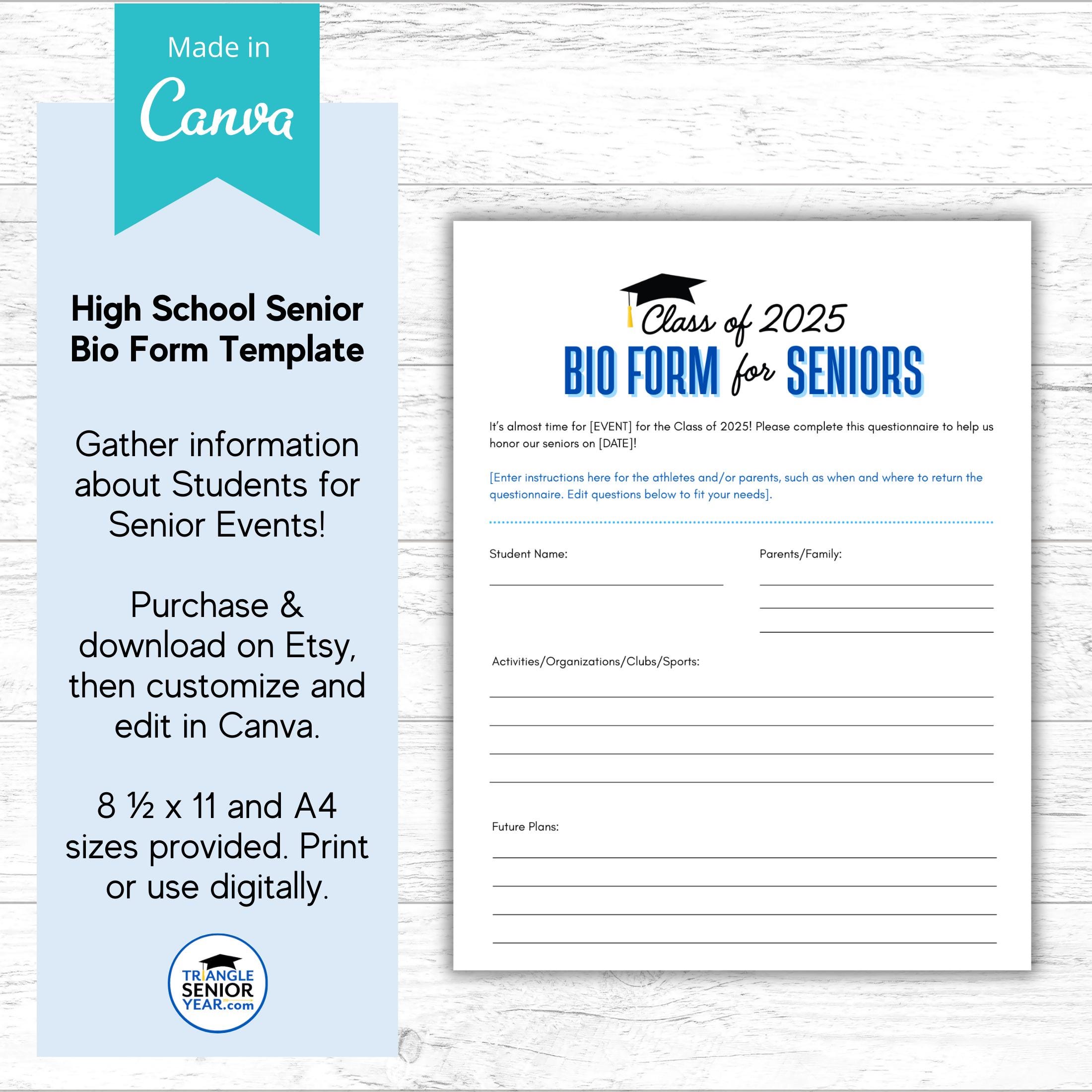 High School Senior Bio Form | Senior Awards or Graduation Questionnaire ...
