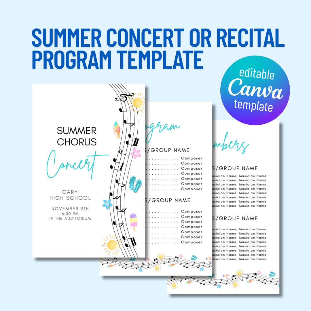 Summer Concert Program Template - Editable Template for Piano, Chorus ...