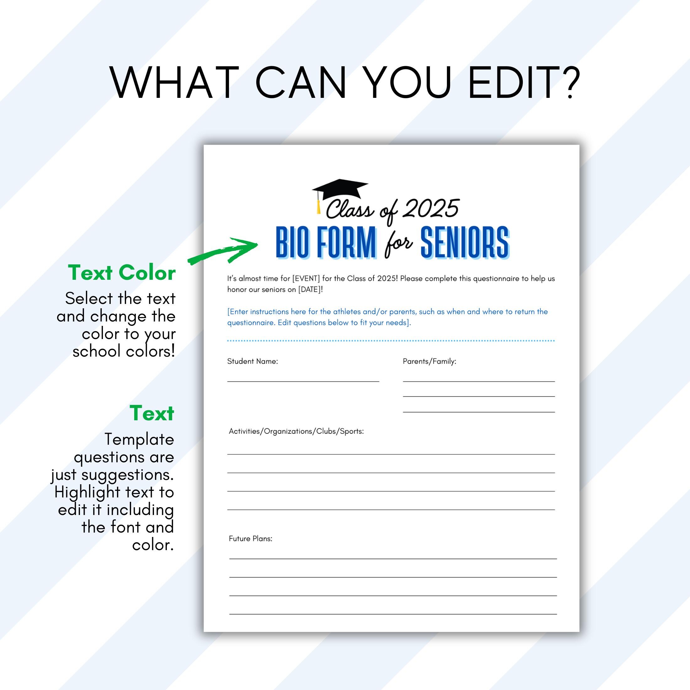 High School Senior Bio Form | Senior Awards or Graduation Questionnaire ...