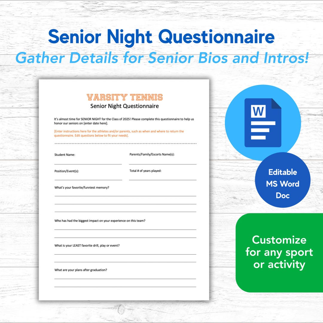 Senior Night Questionnaire | Senior Sports Night Bio Form | MS WORD ...