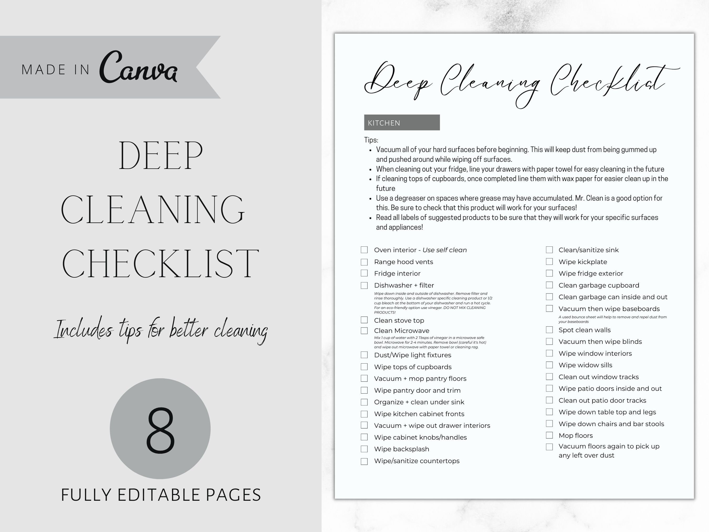 Deep Cleaning Checklist Cleaning Checklist Editable - Etsy