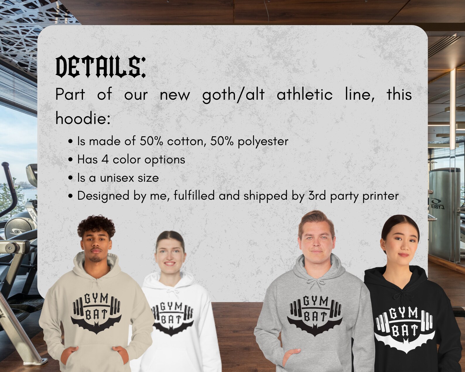 Gym Bat Goth Hoodie Gothic Hoodie for Gym, Work Out, Yoga Alt ...