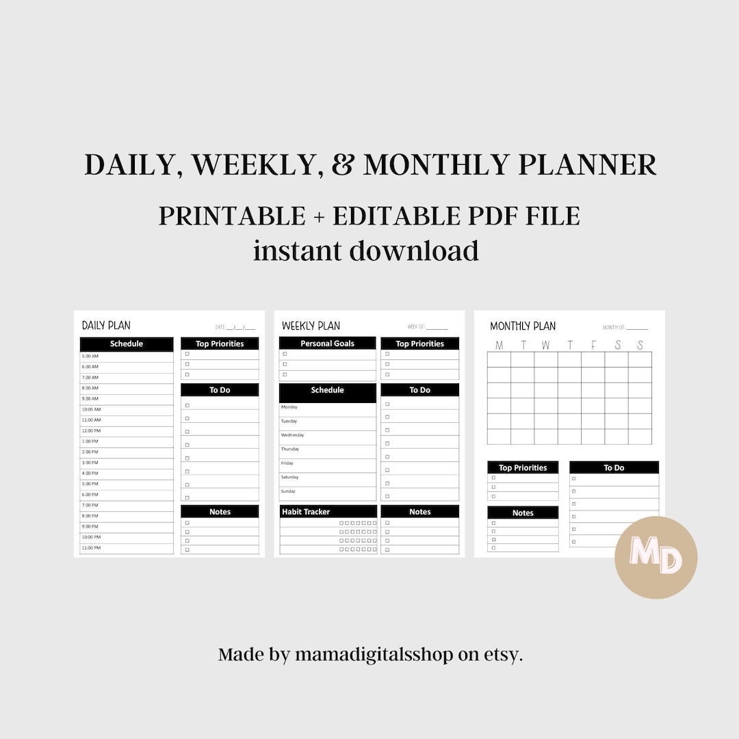 Black and White Daily Planner Weekly Planner Monthly - Etsy